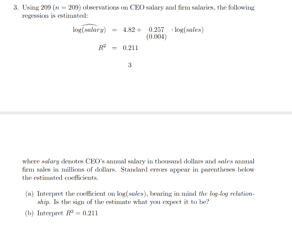 Solved Using 209 ( n=209 ) observations on CEO salary and | Chegg.com