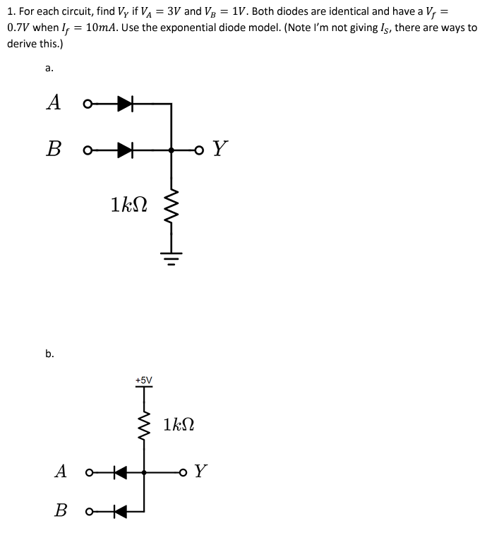 Solved 1. For each circuit, find VY if VA=3V and VB=1V. Both | Chegg.com