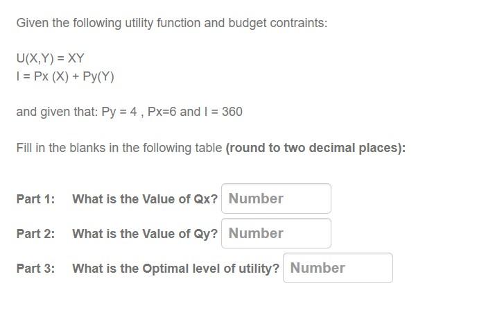 Solved Given the following utility function and budget | Chegg.com
