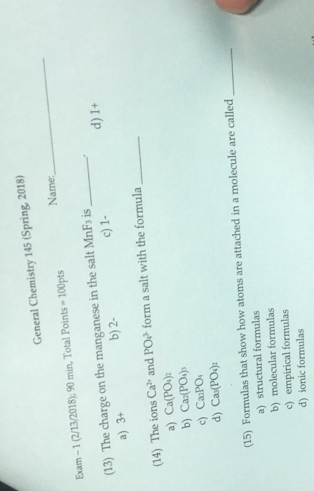 Solved General Chemistry 145 (Spring, 2018) Exam-10/132018); | Chegg.com