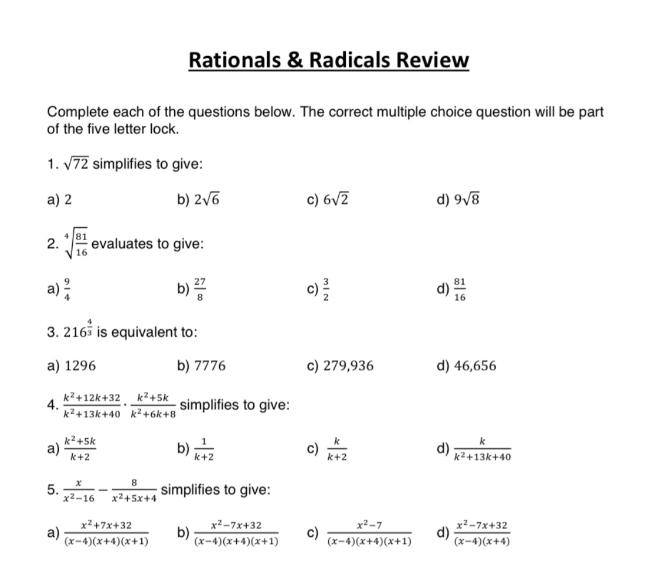 Solved Rationals & Radicals Review Complete each of the | Chegg.com