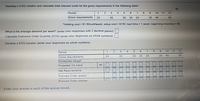 Solved Develop a EOQ solution and calculate total relevant | Chegg.com
