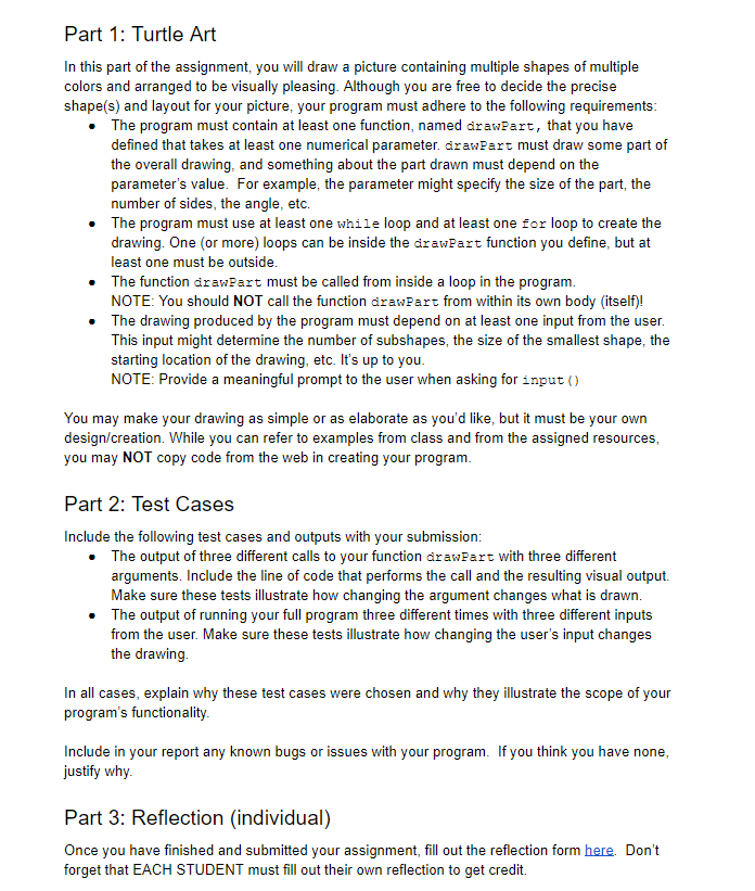 Part 1: Turtle Art In this part of the assignment, | Chegg.com