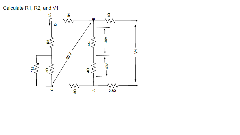 192 Calculate R1, R2, and V1 50 1A } R1 50 V 80 w 40 | Chegg.com