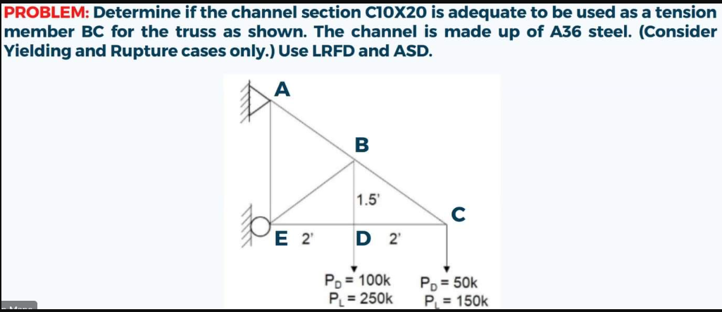 Solved PROBLEM: Determine if the channel section C10X20 is | Chegg.com