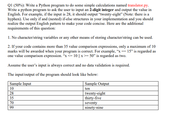 Solved Q1 (50%) : Write a Python program to do some simple | Chegg.com