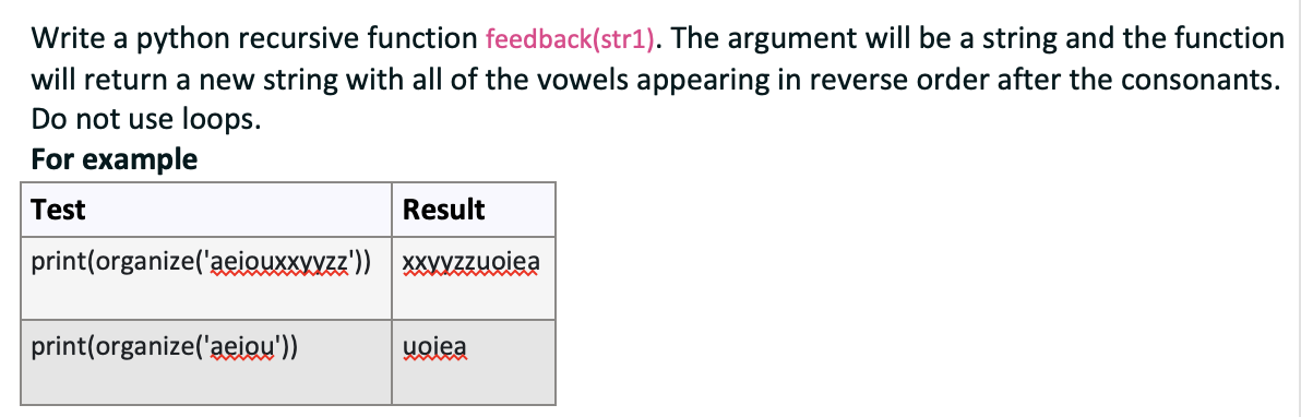Solved Write a python recursive function feedback(str1). The | Chegg.com