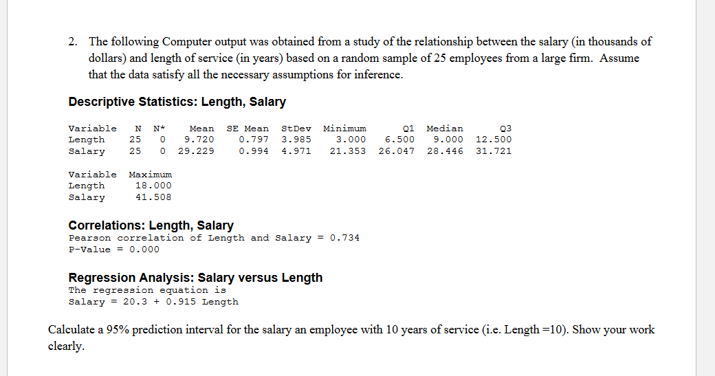 Solved 2. The following Computer output was obtained from a | Chegg.com