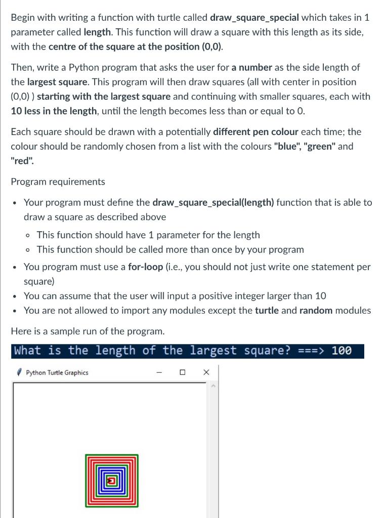 Solved Begin with writing a function with turtle called | Chegg.com