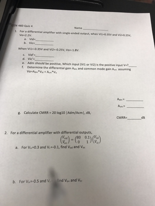 Solved For a differential amplifier with single-ended | Chegg.com