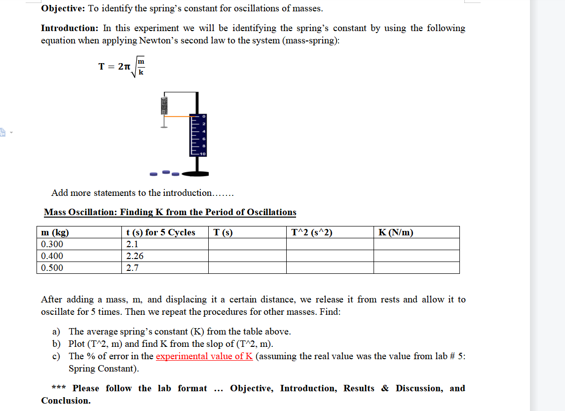 Solved Objective: To identify the spring's constant for | Chegg.com
