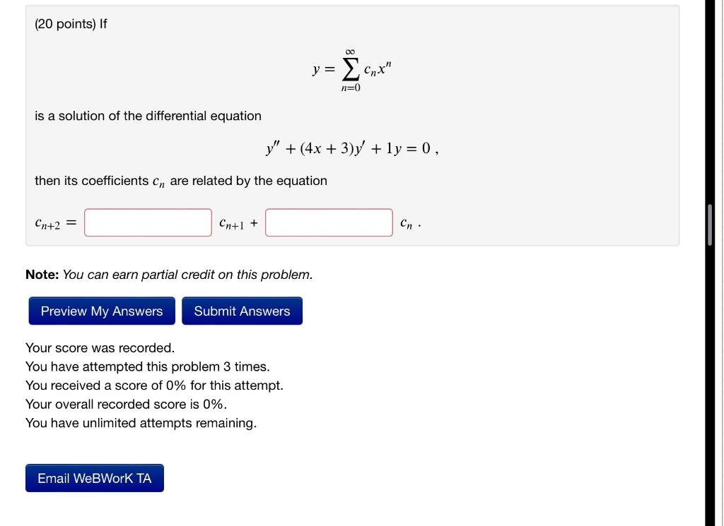 Solved If y=∑n=0∞cnxn is a solution of the differential | Chegg.com