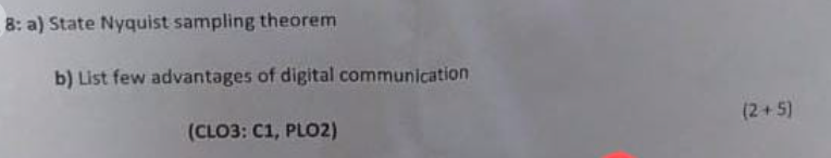 Solved 8: a) State Nyquist sampling theorem b) List few | Chegg.com