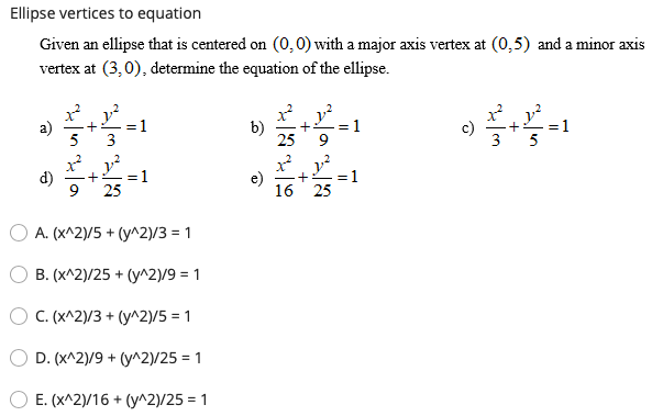Solved Ellipse vertices to equation Given an ellipse that is | Chegg.com
