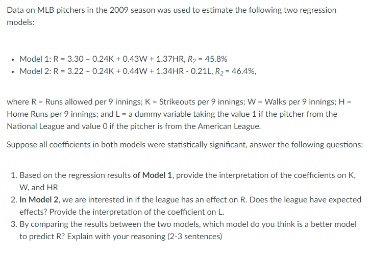 Solved Data on MLB pitchers in the 2009 season was used to | Chegg.com