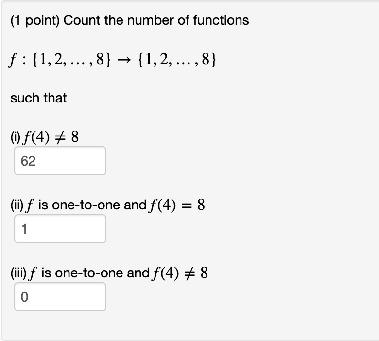 Solved ( 1 point) Count the number of functions | Chegg.com
