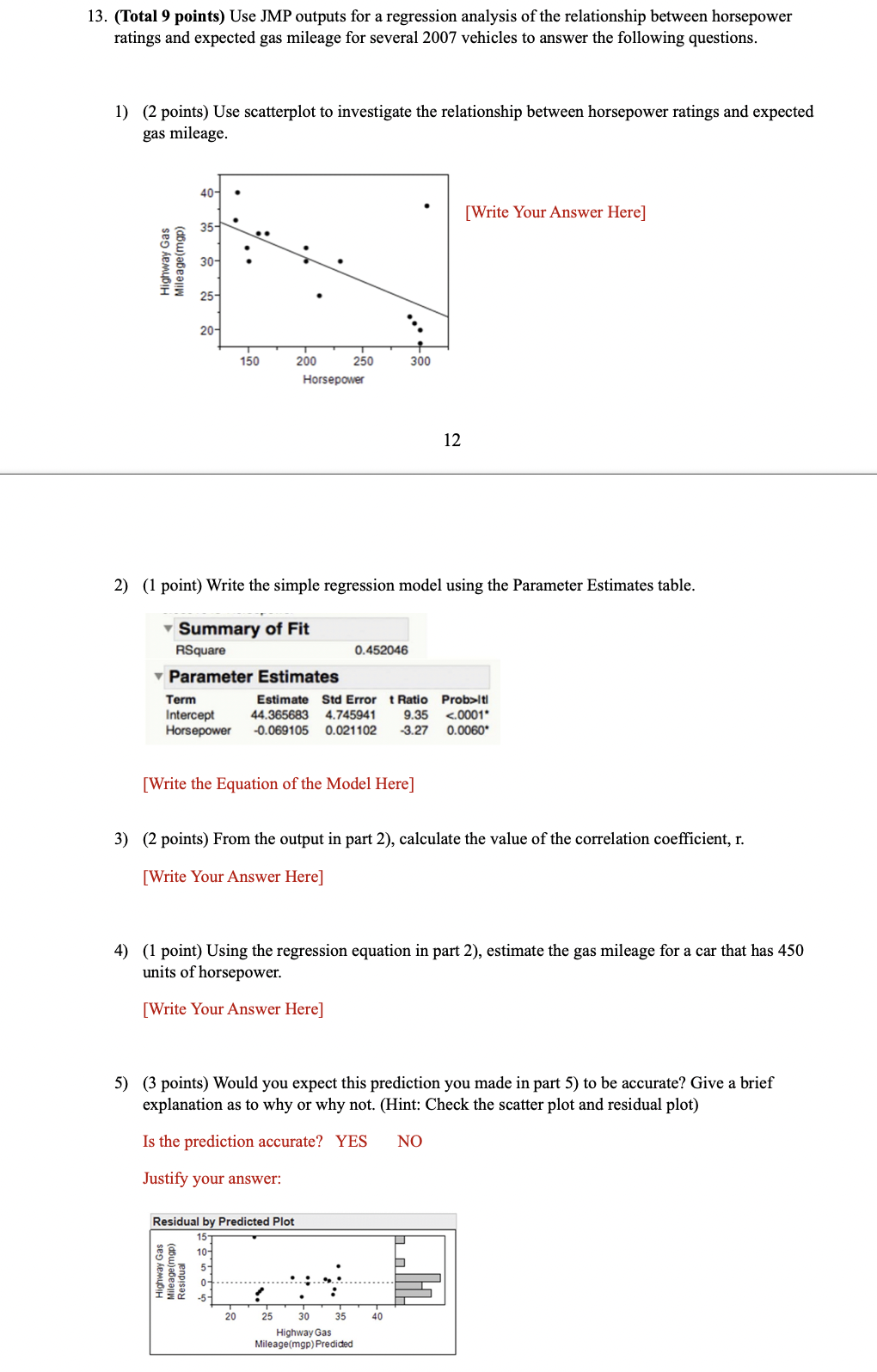 Solved 13. (Total 9 points) Use JMP outputs for a regression | Chegg.com