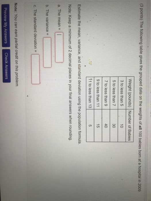 Solved (3 points) The following table gives the grouped data | Chegg.com