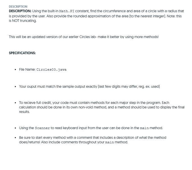 Solved DESCRIPTION DESCRIPTION: Using the built-in Math.PI | Chegg.com