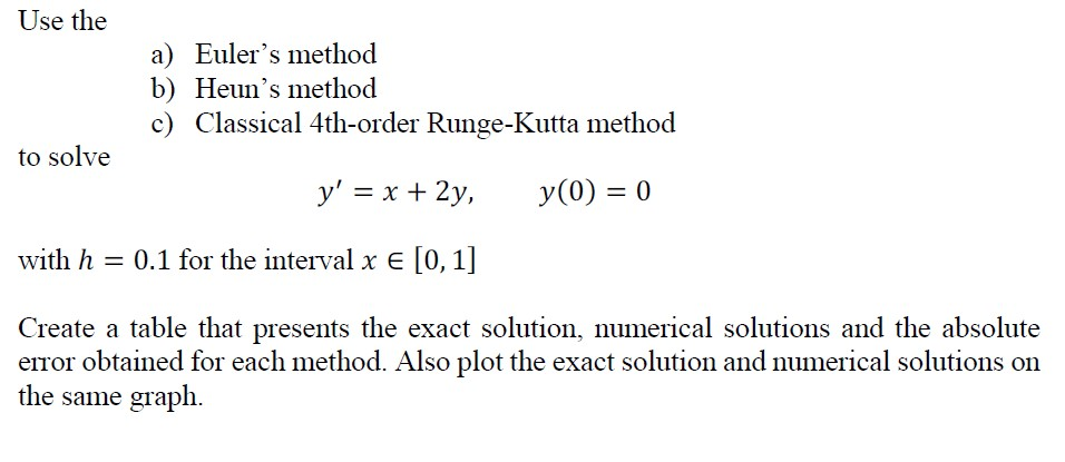 Solved Use the a) Euler's method b) Heun's method c) | Chegg.com