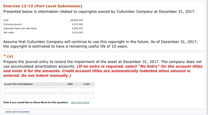 Solved Exercise 12-13 (Part Level Submission) Presented | Chegg.com Solved Exercise 12-13 (Part Level Submission) Presented | Chegg.com