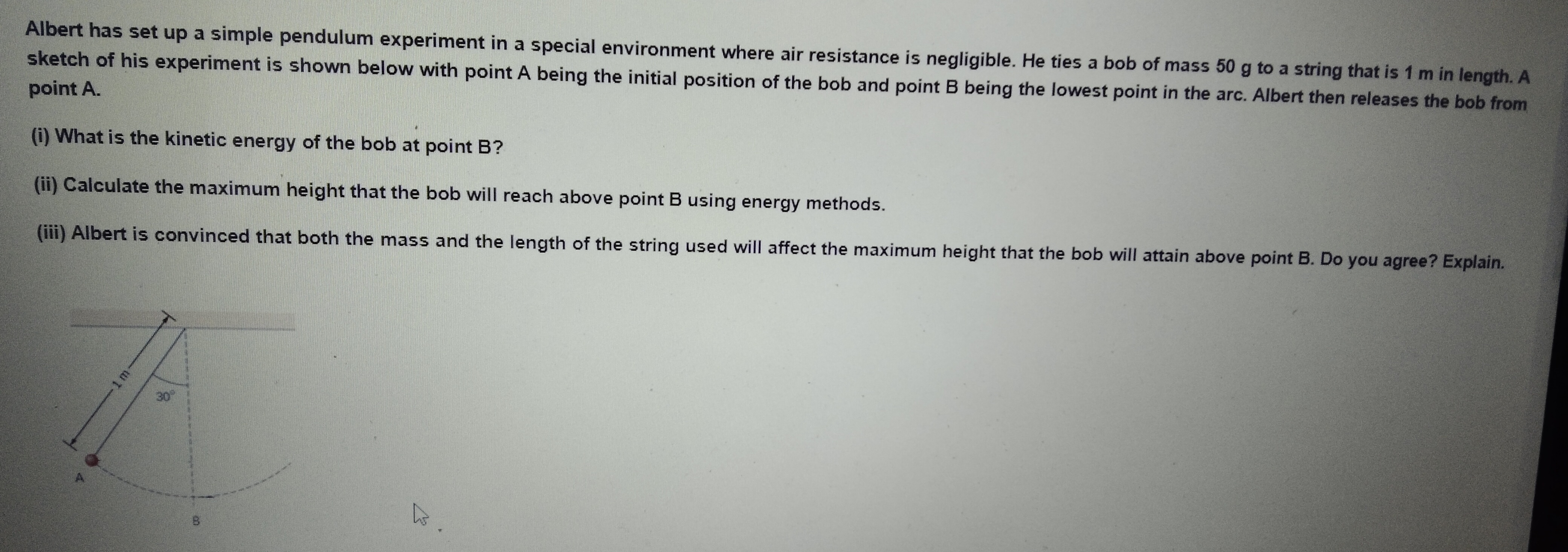 Solved Albert has set up a simple pendulum experiment in a | Chegg.com
