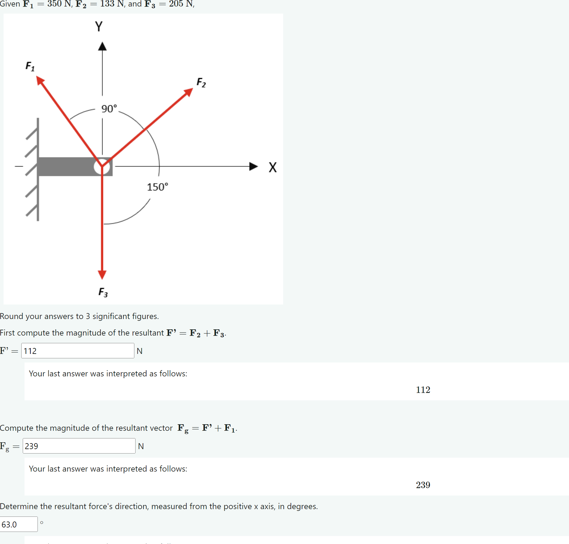 Solved Given F1=350N,F2=133N, ﻿and F3=205NRound your answers | Chegg.com