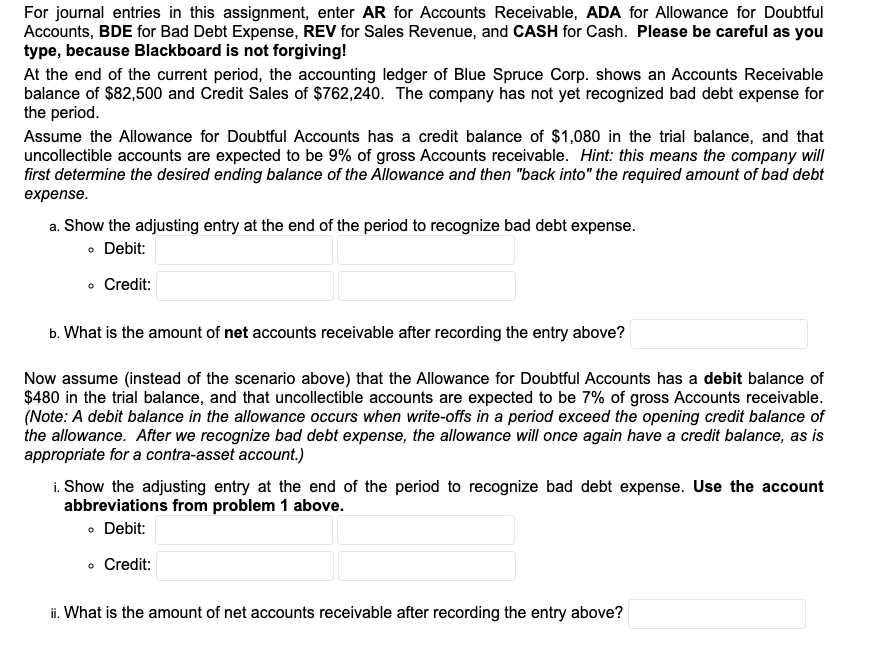 Solved For journal entries in this assignment, enter AR for | Chegg.com