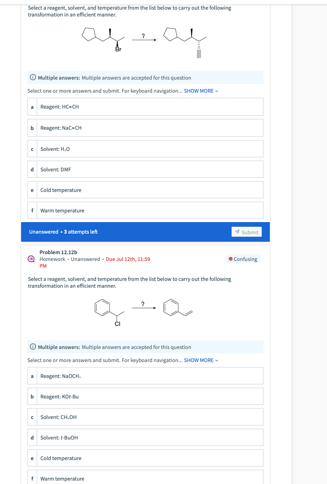 Solved Select a reagent, solvent, and temperature from the | Chegg.com