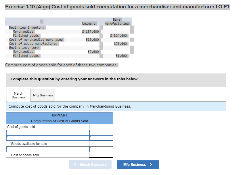 Solved Exercise 1-10 (Algo) ﻿Cost of goods sold computation | Chegg.com