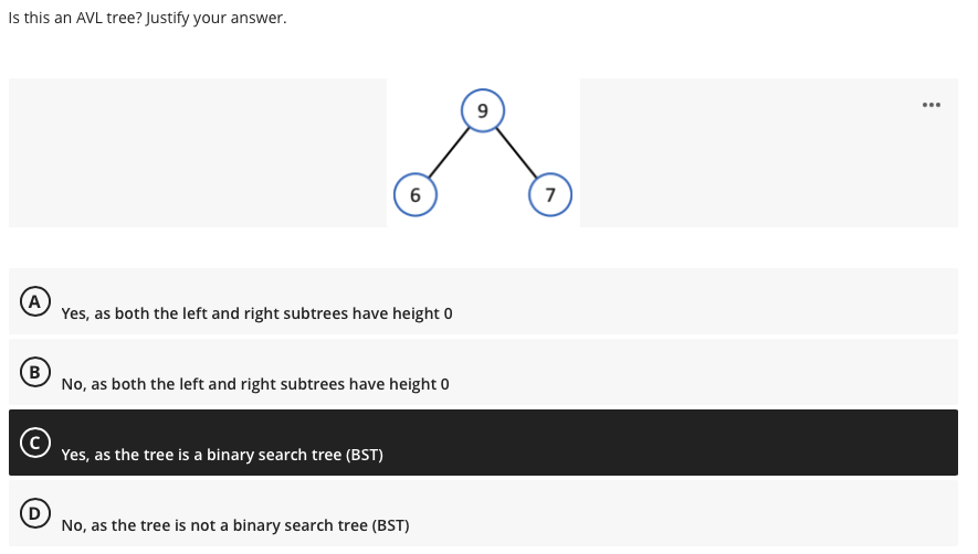 Solved Is this an AVL tree? Justify your answer. 9 6 7 (А. | Chegg.com