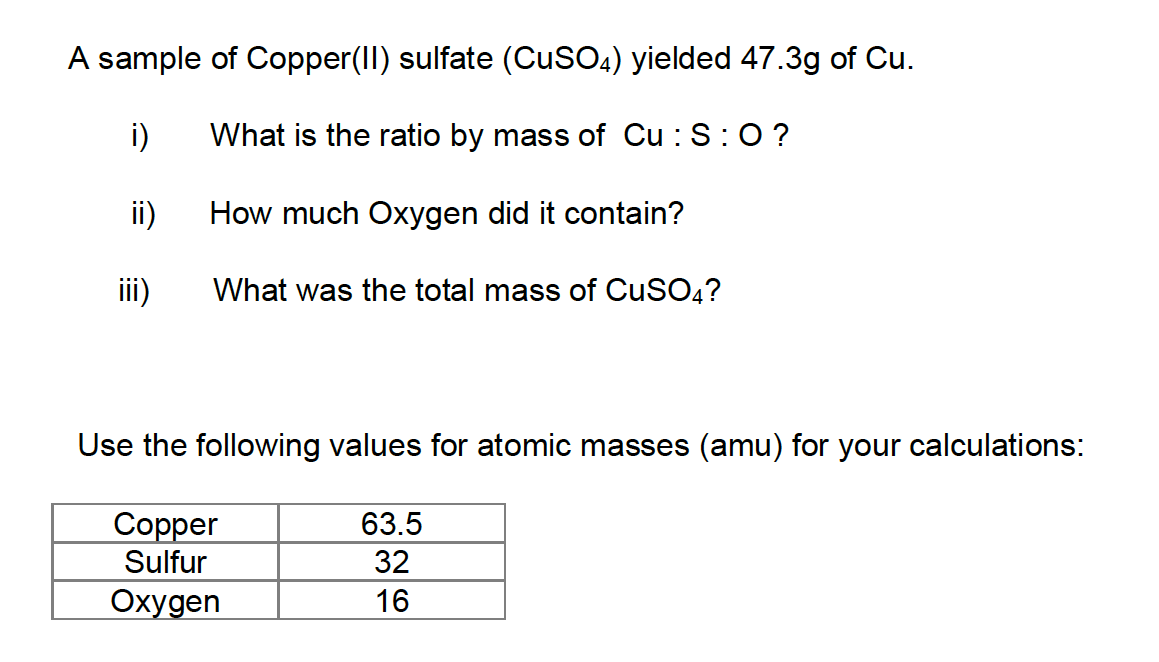 Solved A sample of Copper(II) sulfate (CuSO4) yielded 47.3g | Chegg.com