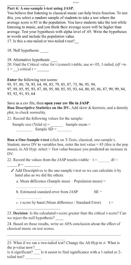 Solved Part 4: A one-sample t-test using JASP. You believe | Chegg.com