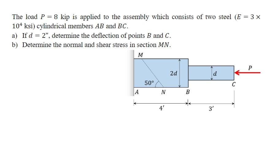 Solved The load P = 8 kip is applied to the assembly which | Chegg.com