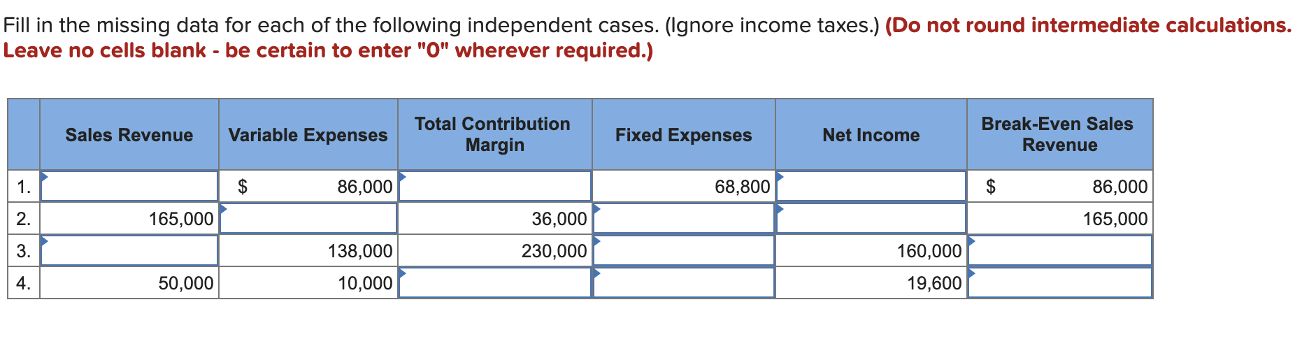 Solved Fill in the missing data for each of the following | Chegg.com