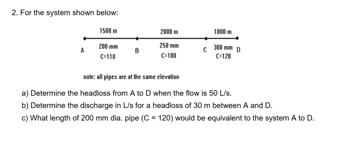 Solved For the system shown below:note: all pipes are at the | Chegg.com