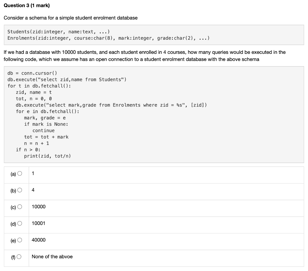 Solved Question 3 (1 mark) Consider a schema for a simple | Chegg.com Solved Question 3 (1 mark) Consider a schema for a simple | Chegg.com