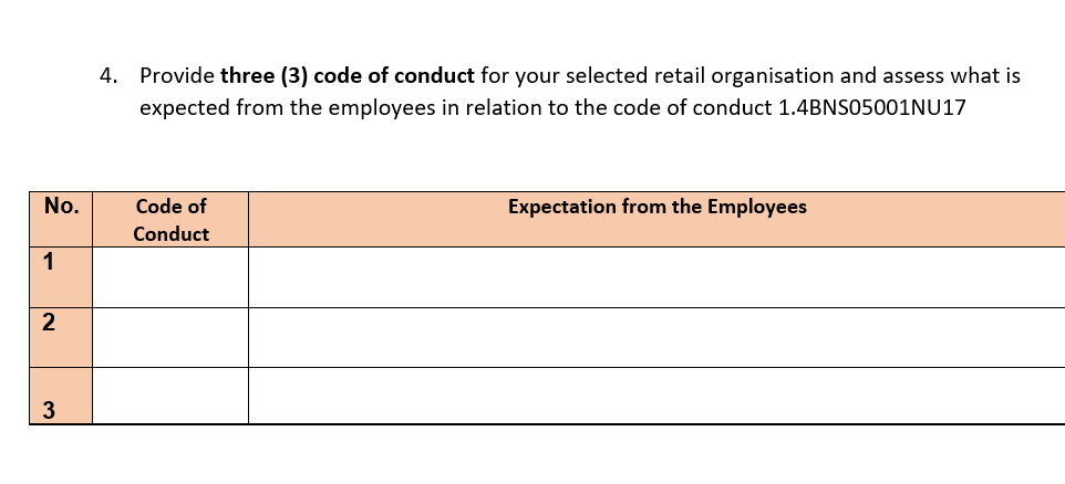 Solved 4. Provide three (3) code of conduct for your | Chegg.com