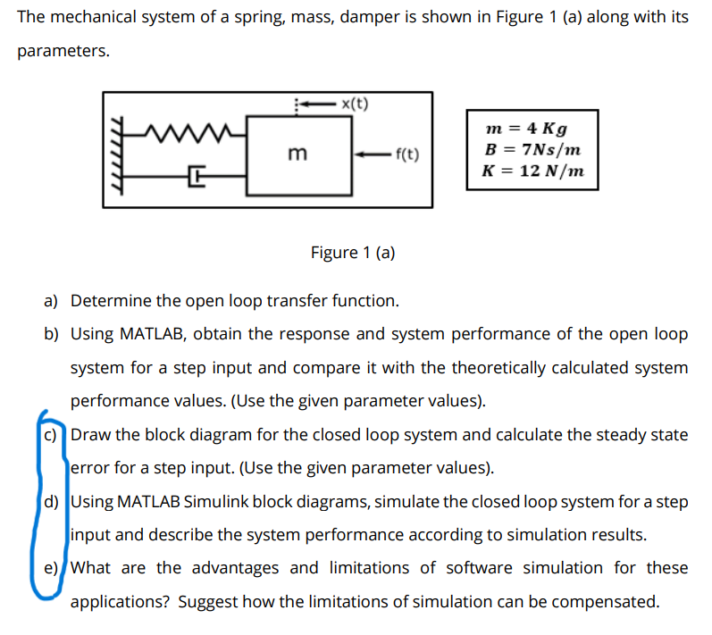 Solved The mechanical system of a spring, mass, damper is | Chegg.com