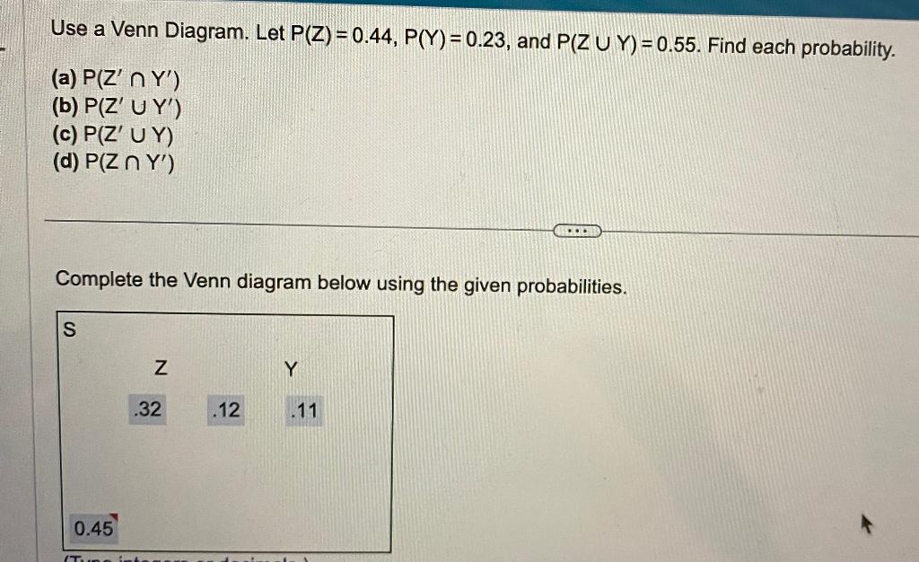Solved Use a Venn Diagram. Let P(Z)=0.44,P(Y)=0.23, and | Chegg.com