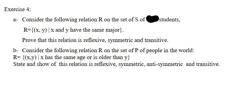 Solved Exercise 4: a- Consider the following relation R on | Chegg.com