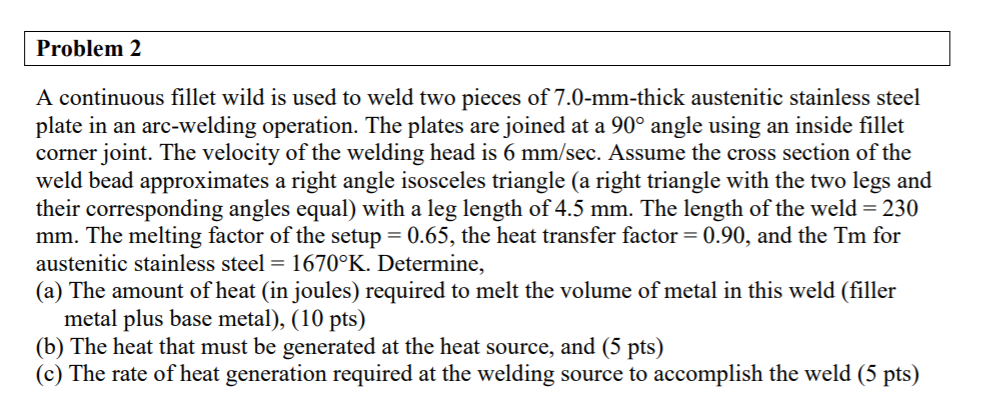 Solved Problem 2 A continuous fillet wild is used to weld | Chegg.com