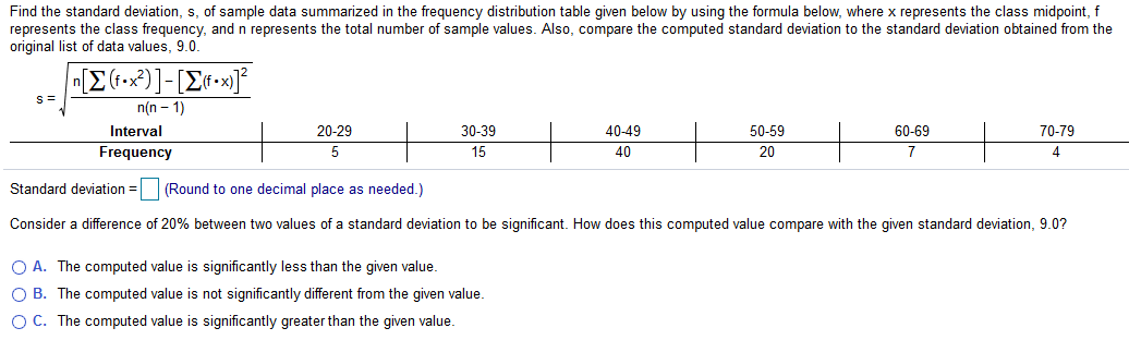 Solved Find the standard deviation, s, of sample data | Chegg.com