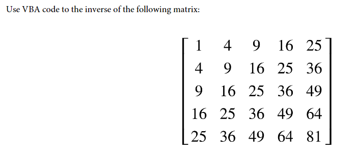 Solved Use VBA code to the inverse of the following matrix: | Chegg.com