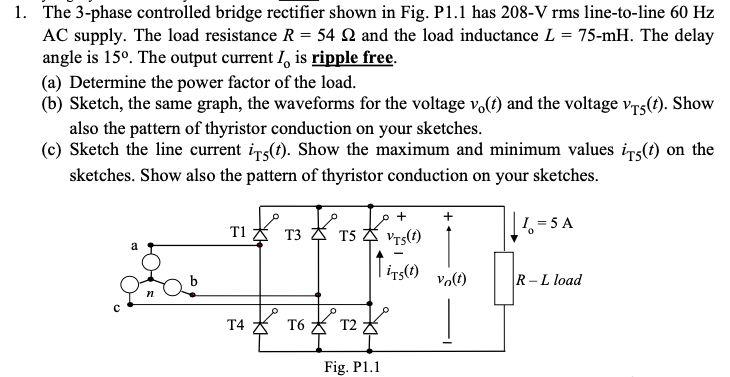 Solved 1. The 3-phase controlled bridge rectifier shown in | Chegg.com