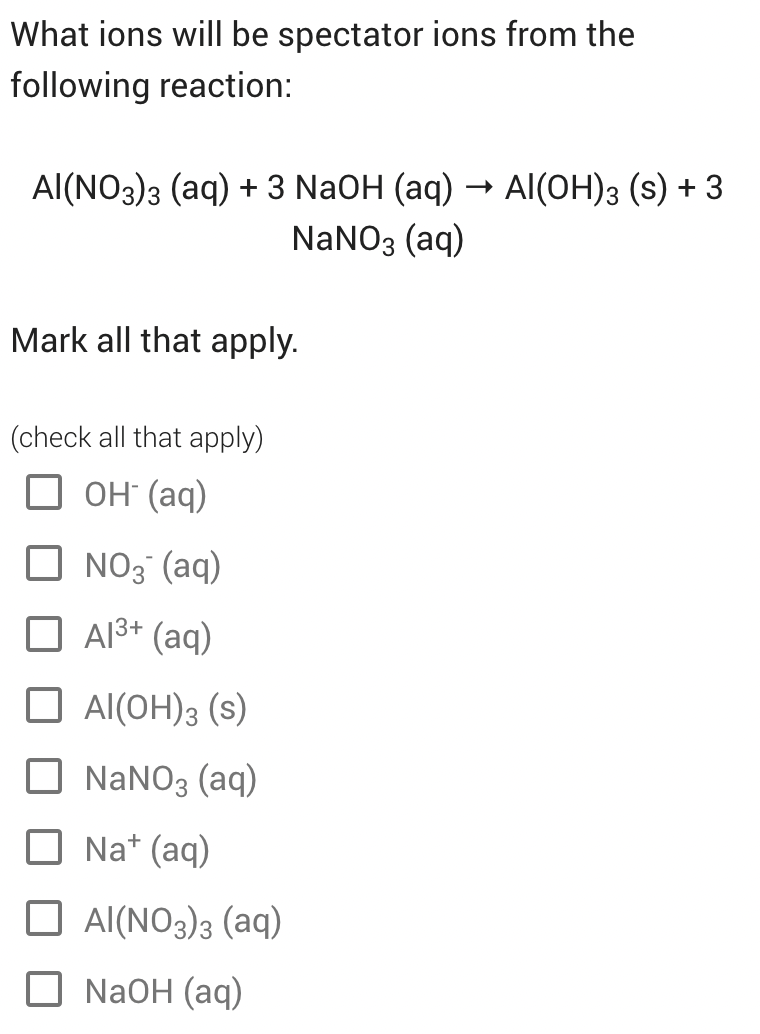 Solved What ions will be spectator ions from the following | Chegg.com