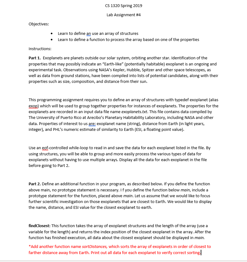 Solved CS 1320 Spring 2019 Lab Assignment #4 Objectives: . | Chegg.com