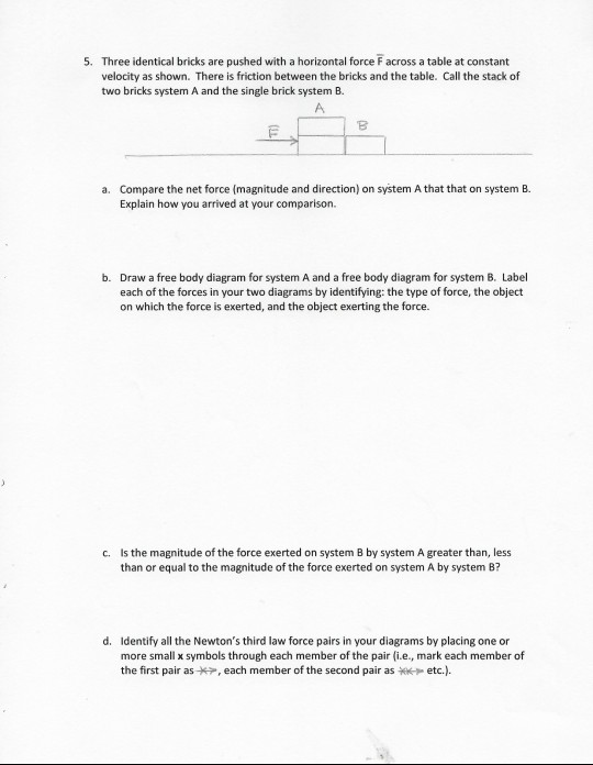 Solved 5. Three identical bricks are pushed with a | Chegg.com