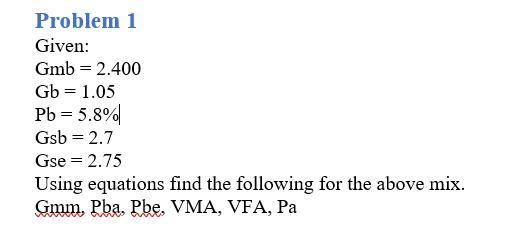 Solved Problem 1 Given: Gmb = 2.400 Gb = 1.05 Pb = 5.8% Gsb | Chegg.com