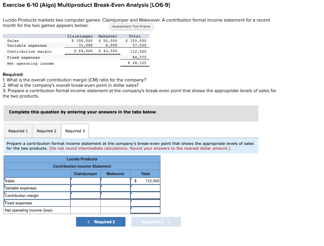 Solved Exercise 6-10 (Algo) Multiproduct Break-Even Analysis | Chegg.com